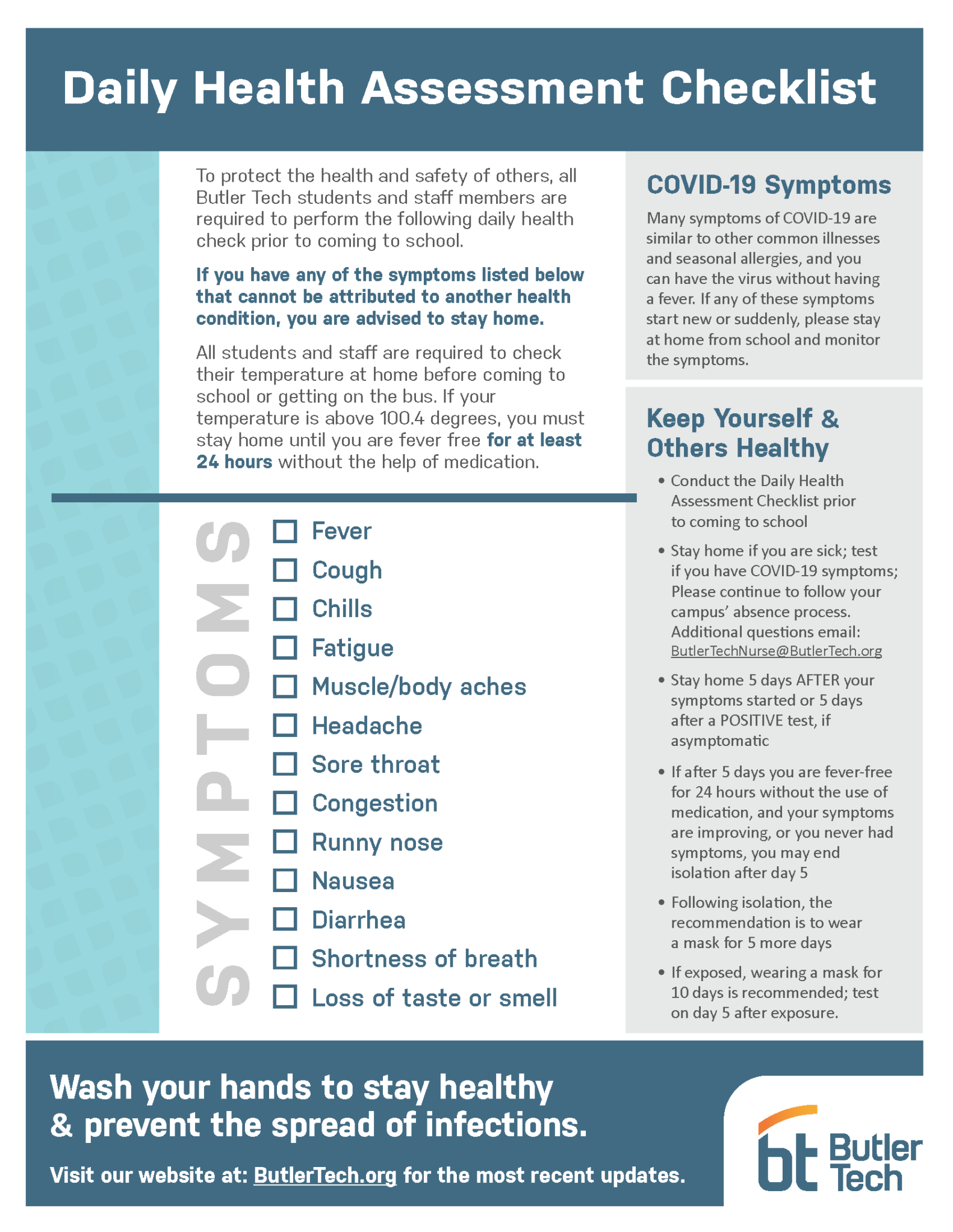 Butler Tech Daily Health Assessment Checklist - Butler Tech